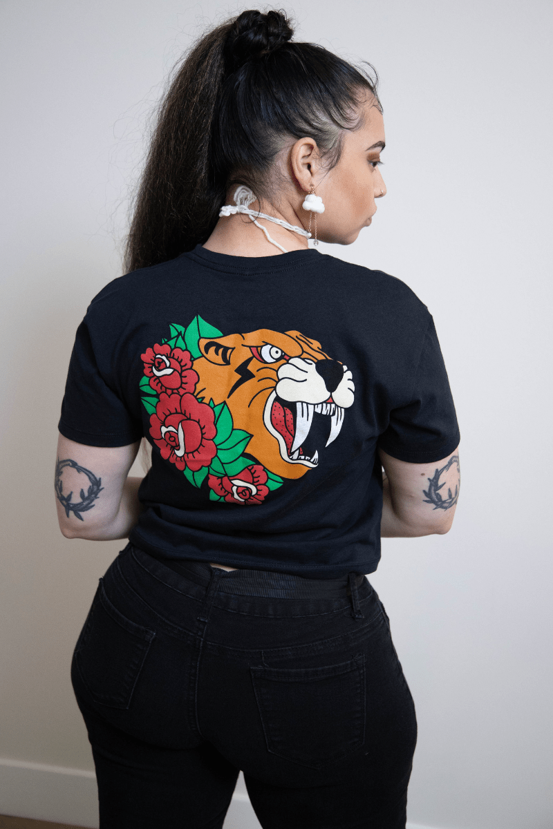 Vicklore Traditional Sabertooth Tiger Crop Top - Tattoo Font Logo Print